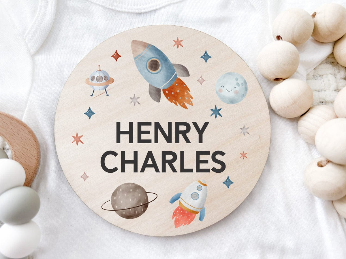 Outer Space Baby Name Sign | Wood Round with Planet, Moon, Stars ...