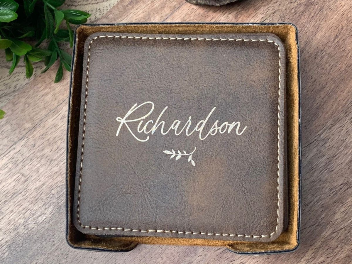 Personalized Leaf Coaster Set With Holder | Run Wild Engraving